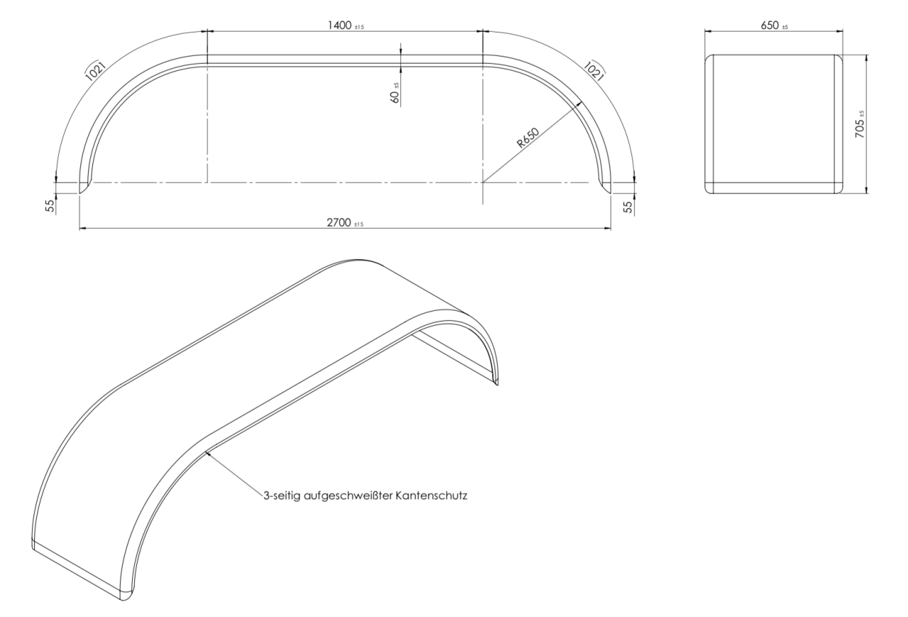 Kotflügel AluRiffel 2,5/4,0 Doppelachs mit Kantenschutz Breite 650mm ...